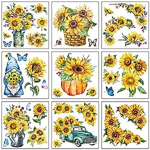 9 Sheets Sunflower Rub on Transfer for Furniture Craft and Wood Fall Rub on Decal Stickers Stencil Thanksgiving Pumpkin Flower Butterfly Bird Dragonfly Christmas Decor 6 x 6 Inch(Sunflower)