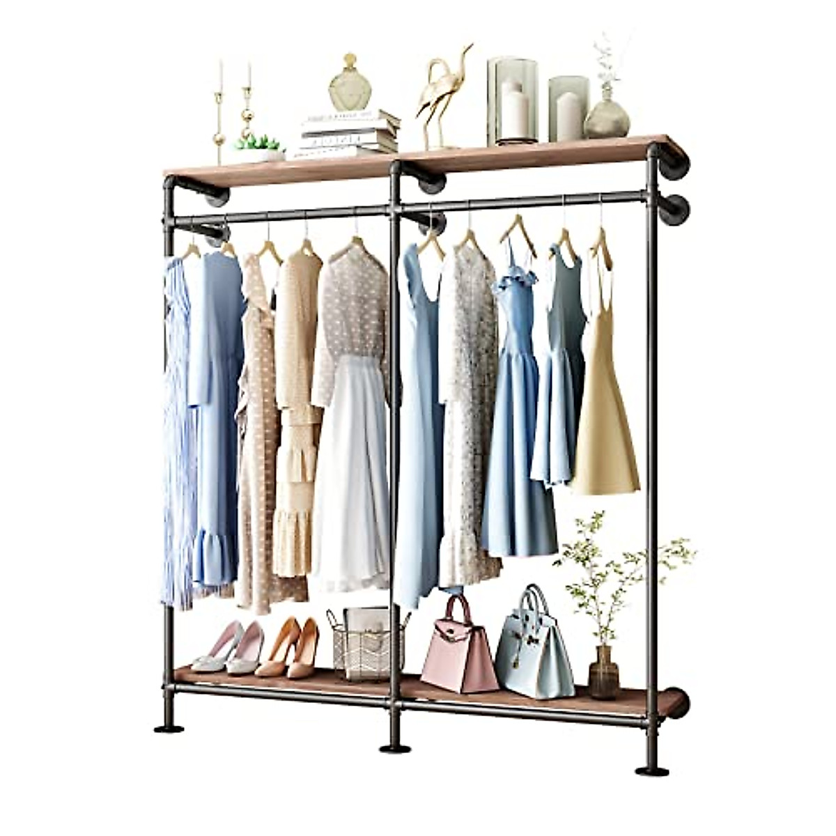 IronJiaZu Industrial Pipe Clothes Racks with 2 Shelves, Industrial Pipe Black Clothing Rack with Double Hanging Rods, Heavy Duty Wall Mounted Clothing Rack Rod for Closet Storage, Bedroom