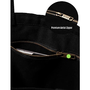 2 Pcs Cotton Canvas Tote Bag Inner Zipper Pocket 12oz 16"x17" Heavy Duty Blank Black Reusable Grocery Shopping Bag Large Plain Cloth Bag for Promotion, Advertising, DIY, Gift