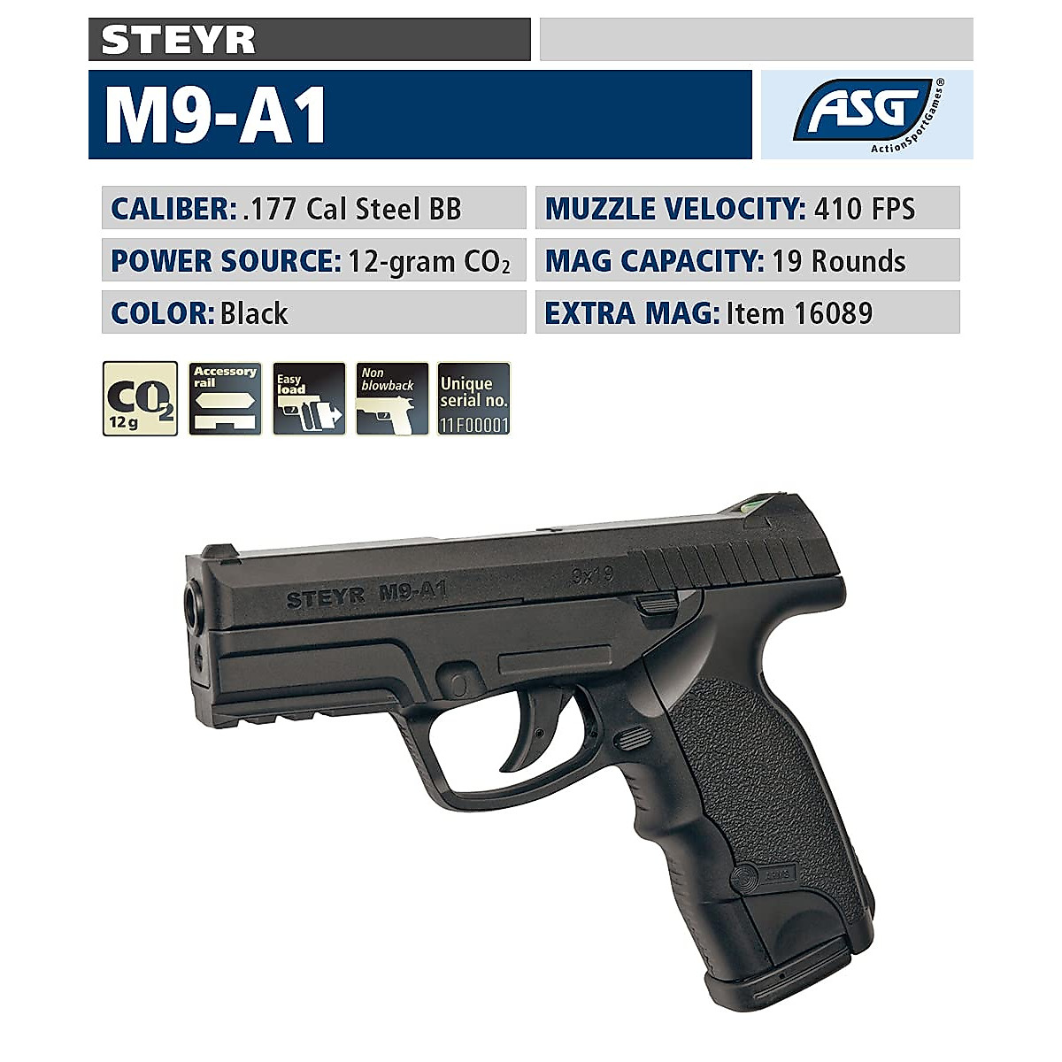 ASG Steyr M9-A1 .177 Caliber Steel BB Gun Non-Blowback Air Pistol, Black
