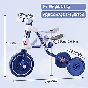 Lipneaed 3 in 1 Toddler Tricycles for 1 to 4 Years Old Kids, Trike for Boys Girls Balance Bike with Adjustable Seat Height Convertible Rear Wheels and Removable Pedal (Blue)