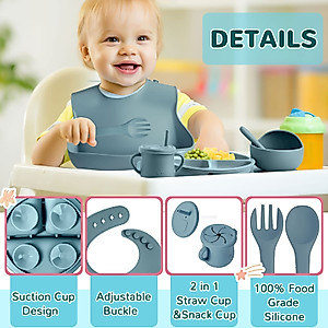 8 Pack Baby Feeding Eating Supplies Silicone Suction Divided Plate Baby Bibs Suction Bowl Silicone Placemat Silicone Spoon and Fork Silicone Cup with Straw Baby Tableware Set for Toddler (Dusty Blue)