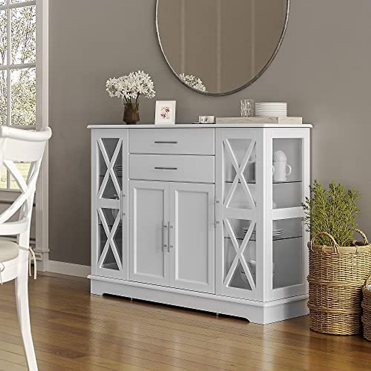 BELLEZE Sideboard Buffet Cabinet, 47 Inch Storage Cabinet Console Table Coffee Bar Cabinet Kitchen Cupboard Pantry Cabinet Glass Display Cabinet for Lving Room Entryway Dining Room, White