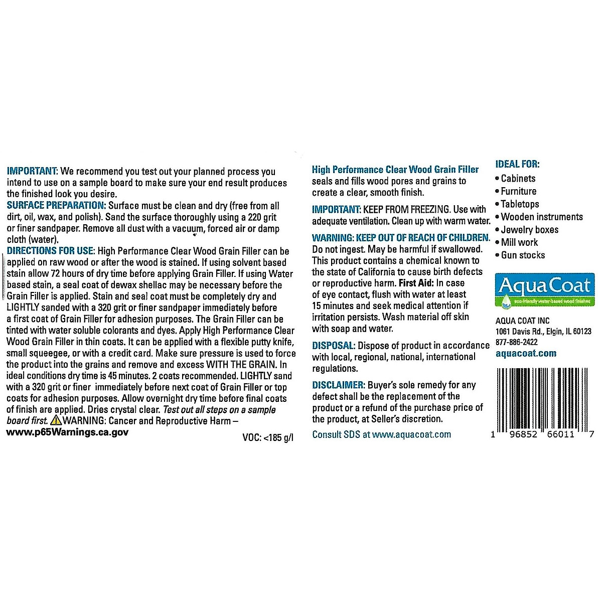 Aqua Coat Water Based High Performance Clear Wood Grain Filler Gel, Great for Home Improvement and DIY Woodworking Professionals, Low Odor, Fast Drying and Stainable, 1 Pint