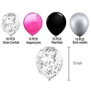 Kubert Silver Black and Pink Metallic Balloons and Clear Latex Pre-Filled with Silver Confetti 50Pack 12 Inch for Wedding Anniversary Bachelorette Bridal Shower Birthday and Graduation Party Supplies