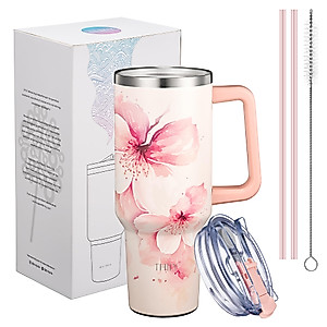 THILY 40 oz Stainless Steel Tumbler with Handle - Vacuum Insulated Travel Cup, Splash-Proof & Leakproof Lid, 2 Straws & Brush | Keeps Cold 34H/Hot 12H, Cupholder Friendly, Cherry Blossoms
