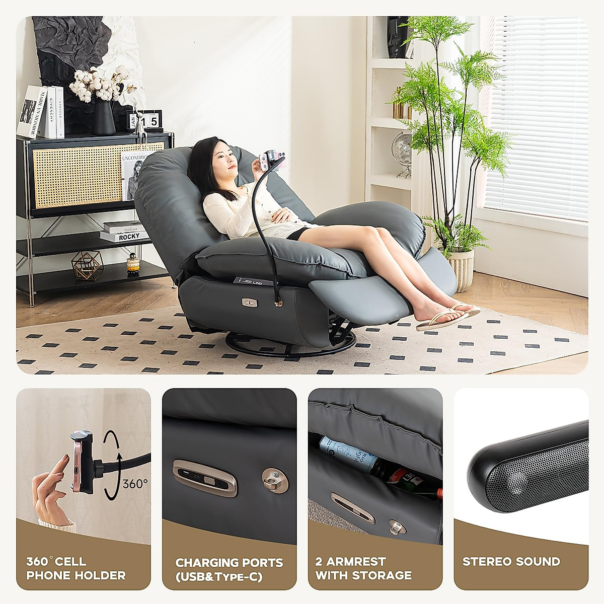 HAIZAO Oversized Recliner Sofa Swivel Rocking Chair Smart Electric Rocker Theater Recliner Chair Lazy Boy Glider with Charging Ports, Stereo Sound, Cellphone Holder and Pillow (Grey, Leather)