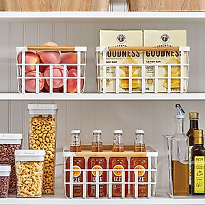 mDesign Metal Wire Food Organizer Storage Bin Basket with Bamboo Handles for Kitchen Cabinets/Pantry Organizing - Farmhouse Decor - Yami Collection - 8 Pack - Matte White/Natural