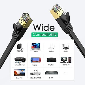 Cat 7 Ethernet Cable 50 ft, Shielded 10Gbps 600MHz, Support Cat 8 Network, Solid Flat Internet Computer Patch Cord, High Speed LAN Wire for Any Device with an RJ45 Port, Black