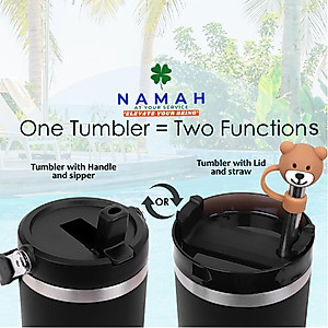 30 oz Stainless Steel Vacuum Insulated Tumbler with Handle Lid and Straw Leak and Spill Proof Travel Tumbler Cup with 2 Lids and Teddy Straw Cap Water Tumblers for Women and Men 890 ml