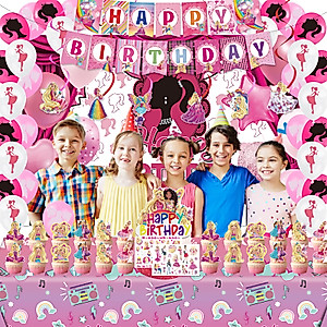 Pink Birthday Party Supplies, 60 Pcs Barbii Birthday Party Decorations Include Banners, Cake Topper,Cupcake Topper,Latex Balloon,Backdrop, Tablewares, Temporary Tattoo Stickers for Girls