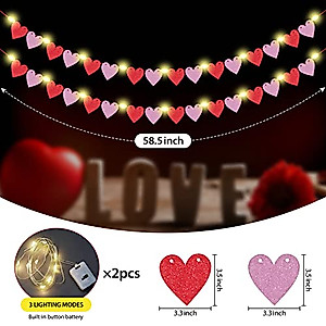 2 Pieces Heart Garland Banner for Valentines Day with Warm Led Lights Decorations Red Pink Heart Felt Banners Garland for Fireplace, Anniversary, Wedding, Engagement Party Home Decor (Style 3)