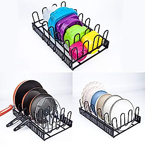 GeekDigg Expandable Food Container Lid Organizer for Plastic Lids for Cabinet, with 6 Adjustable Dividers, for Pantry Shelves, Cupboards, Cabinets, Drawers, Black