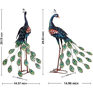 Chisheen Garden Decor Outdoor Statues, Metal Peacock Decor for Outside, Garden Art Sculptures Standing for Patio Yard Lawn Home Decorations, Set of 2