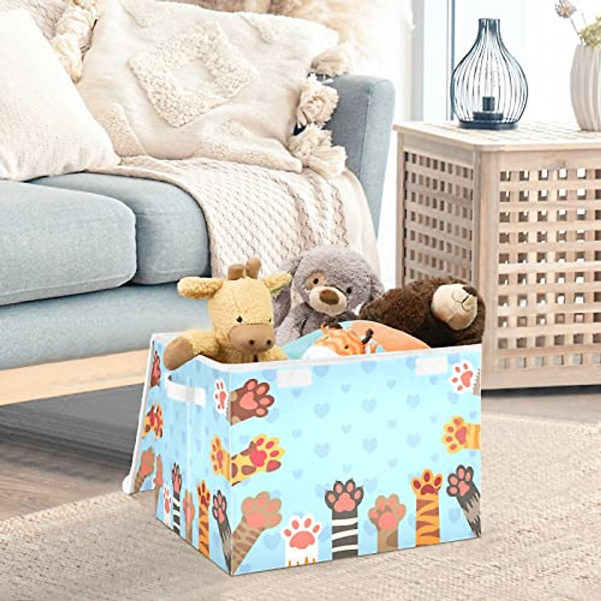 Kigai Storage Basket Cute Paws Storage Boxes with Lids and Handle, Large Storage Cube Bin Collapsible for Shelves Closet Bedroom Living Room, 16.5x12.6x11.8 In