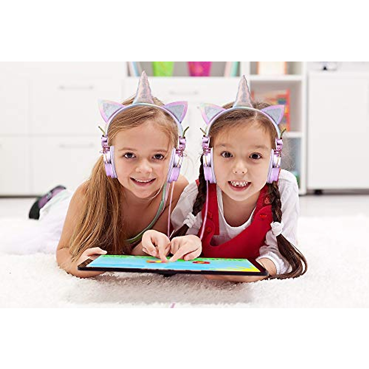 KORABA Unicorn Kids Headphones with Microphone,Wired Over Ear Cute Girl Headsets for Children/Christmas/Parties/Birthday Gifts (Rainbow Unicorn)