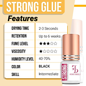 Forabel Strong Eyelash Glue 5ml - 2-3 Sec Drying Time, 6 Weeks Retention, Maximum Bonding Power, Black Adhesive for Semi-Permanent Lashes