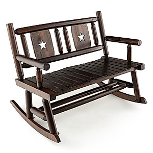 HAPPYGRILL Outdoor Wood Rocking Bench Carbonized Double Rocking Chair for 2 Persons with Wide Curved Seat, Porch Rocker for Porch, Garden, Backyard, 710LBS Capacity, Rustic Brown