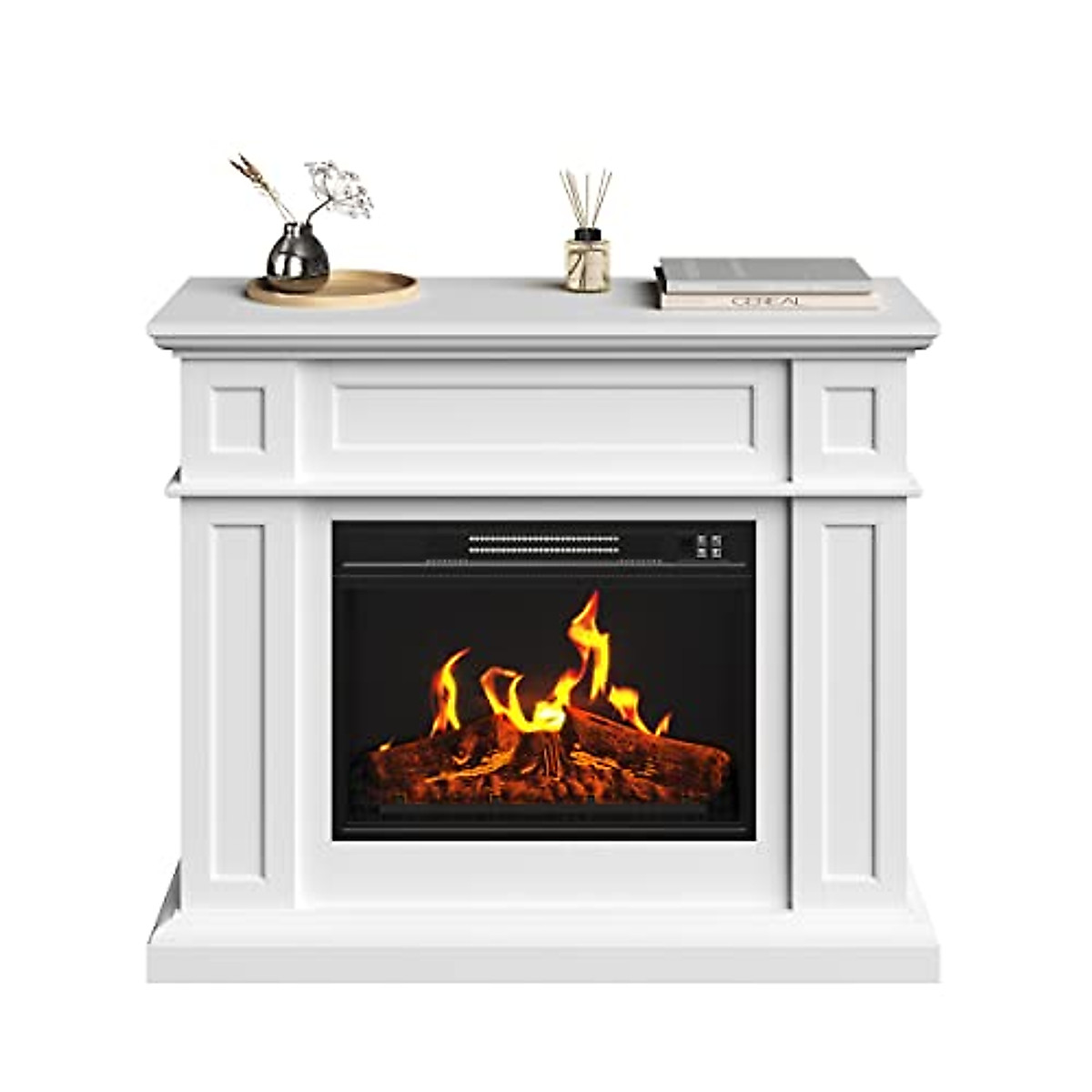 Electric Fireplace with Mantel - Freestanding Heater with Remote Control, Adjustable LED Flames and Faux Logs - Living Room Decor by Northwest (White)