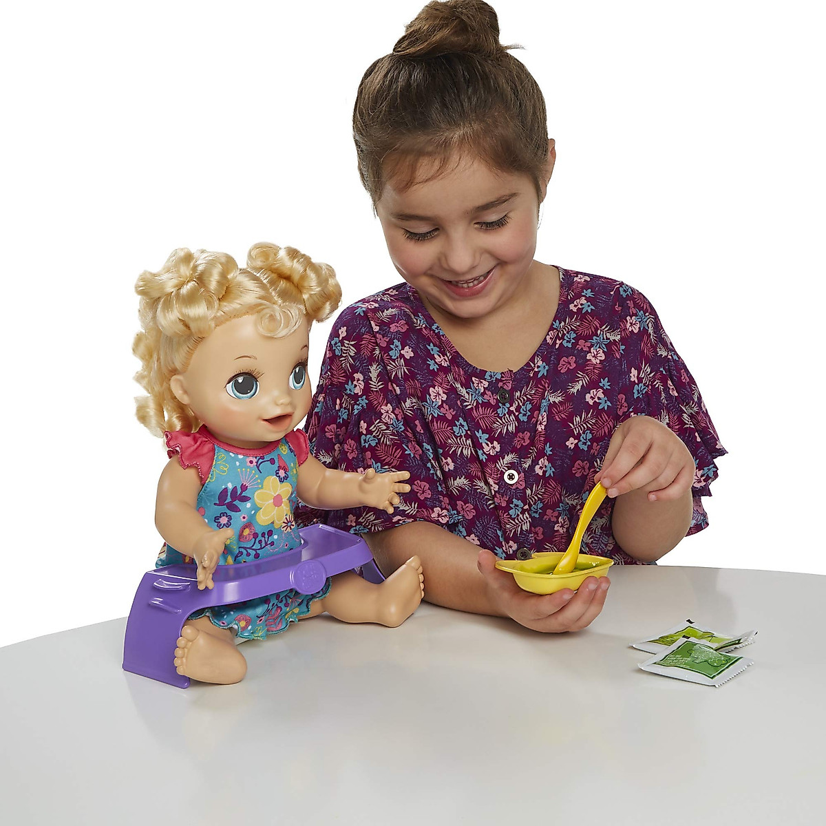 Baby Alive Happy Hungry Baby Blond Curly Hair Doll, Makes 50+ Sounds & Phrases, Eats & Poops, Drinks & Wets, for Kids Age 3 & Up, Brown/A (E4894)