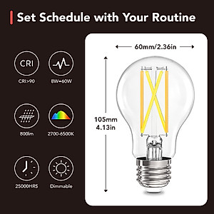 OREiN Smart LED Edison Light Bulb with Remote Control WiFi A19 Vintage Light Bulbs E26 Base 800Lm, 8W 60W Equiv Tunable 2700K-6500K Filament Bulbs Work with Alexa/Google/Aidot APP 4pack+1Romote…