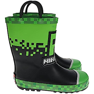 Minecraft Rain Boot for Kids, 100% Rubber Creeper Wellie Boot Waterproof, Green/Black, Little Kid Size 12/13