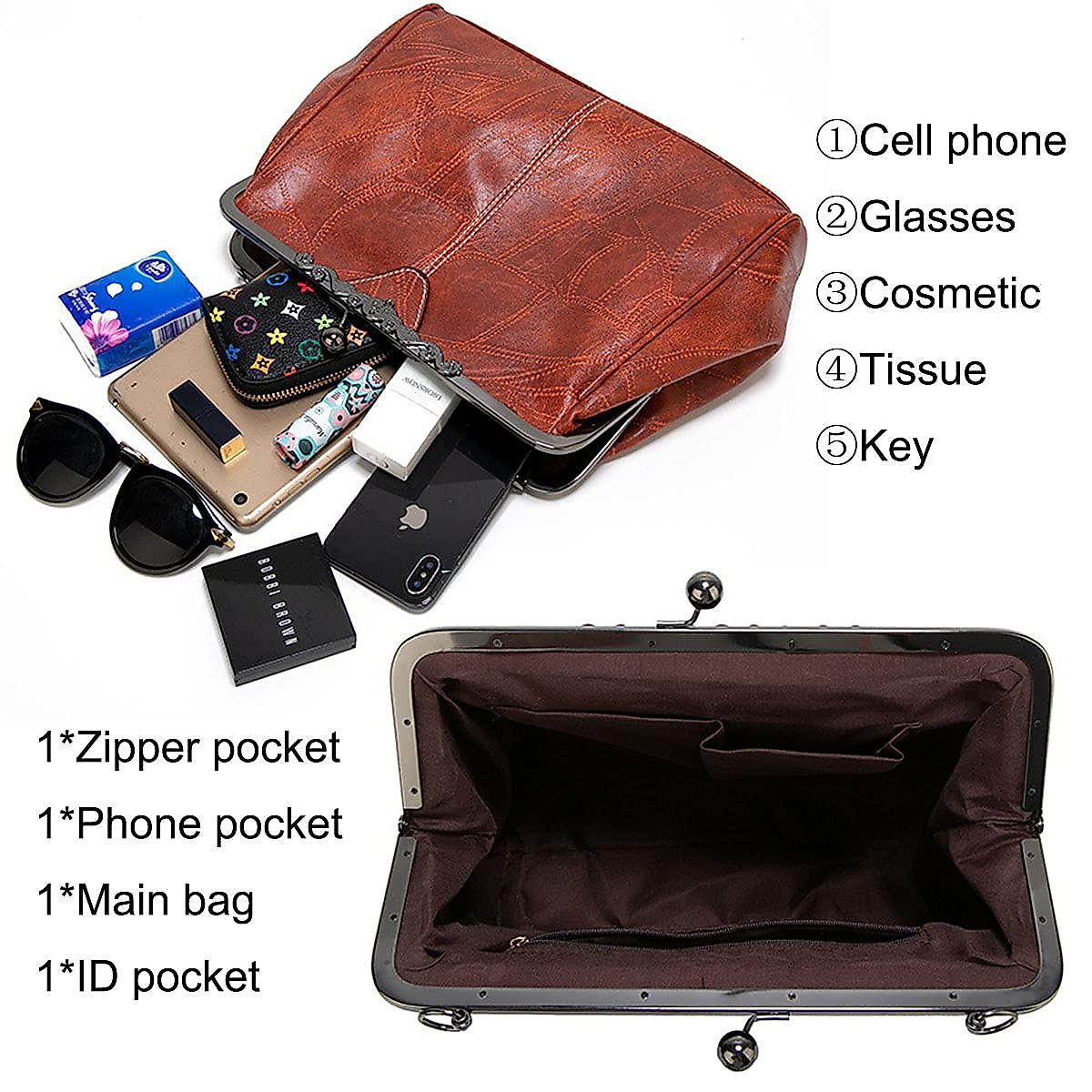 YOUNXSL Women Retro Hollow Oil Wax PU Leather Handbag Multiple Collocations Messenger Bag Handbags Apricot