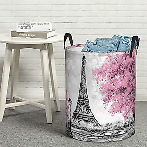 Gbuzozie 38l Round Laundry Hamper Retro Paris Eiffel Tower Storage Basket Waterproof Coating Organizer Bin For Nursery Clothes Toys