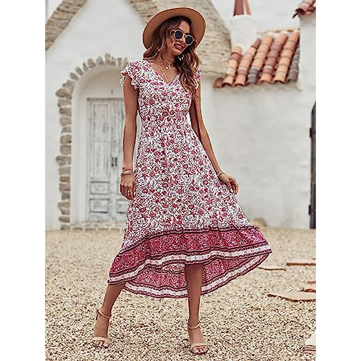 PRETTYGARDEN Summer Dresses for Women 2023 - V Neck Floral High Low Flowy Maxi Dress White