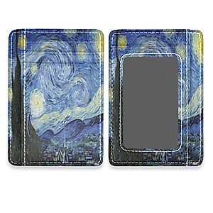 Linomo Thin leather Card Holder and Money Clip Van Gogh Starry Night Art Painting Wallet RFID Blocking for Men & Women