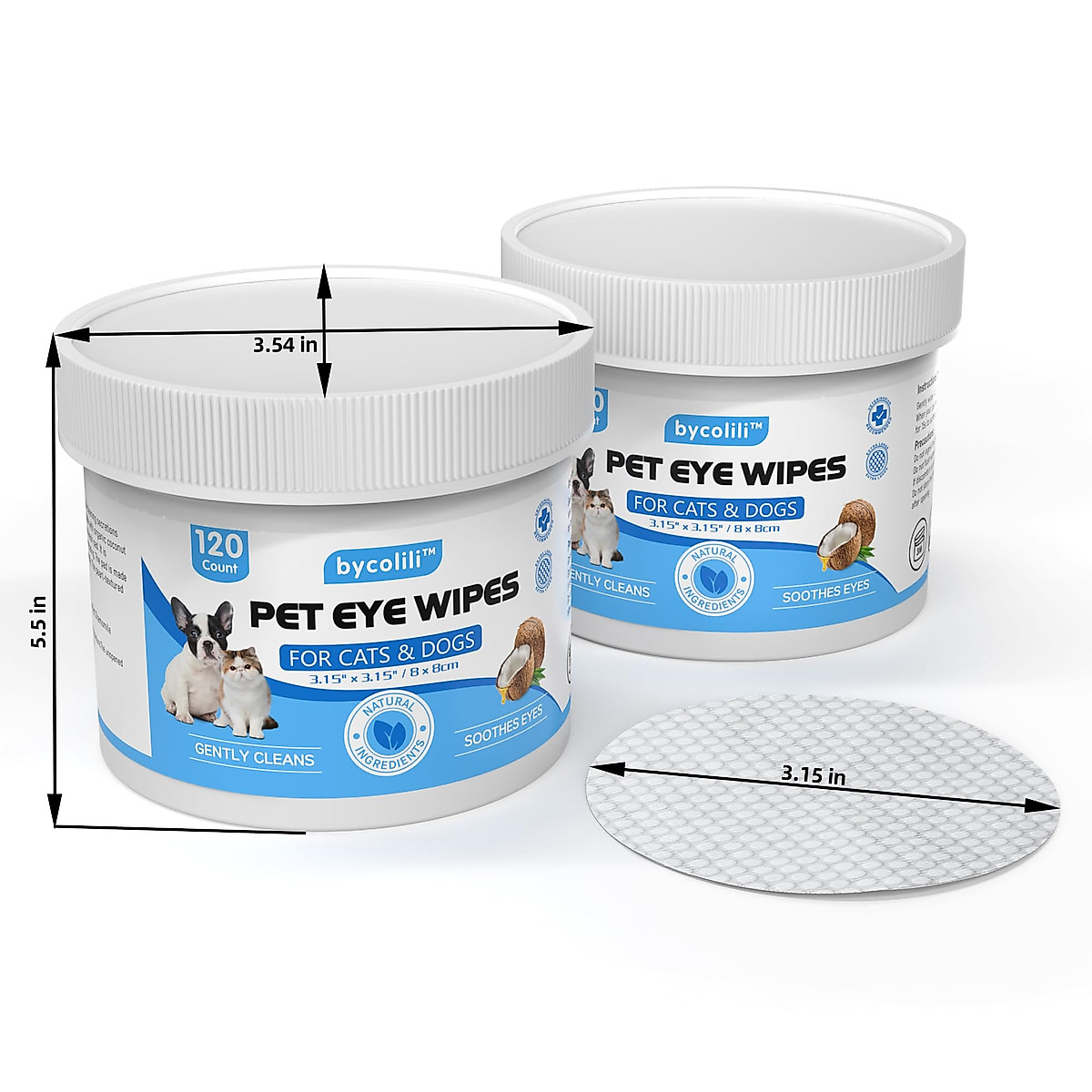 bycolili 2 Pack Eye Wipes for Dogs & Cats,Extra Large 240 Count Natural Tear Stain Eyes Wash Pads,Gently Remove Discharge,Debris,3.15" Coconut Oil Cleans Eyes,Face,Wrinkles