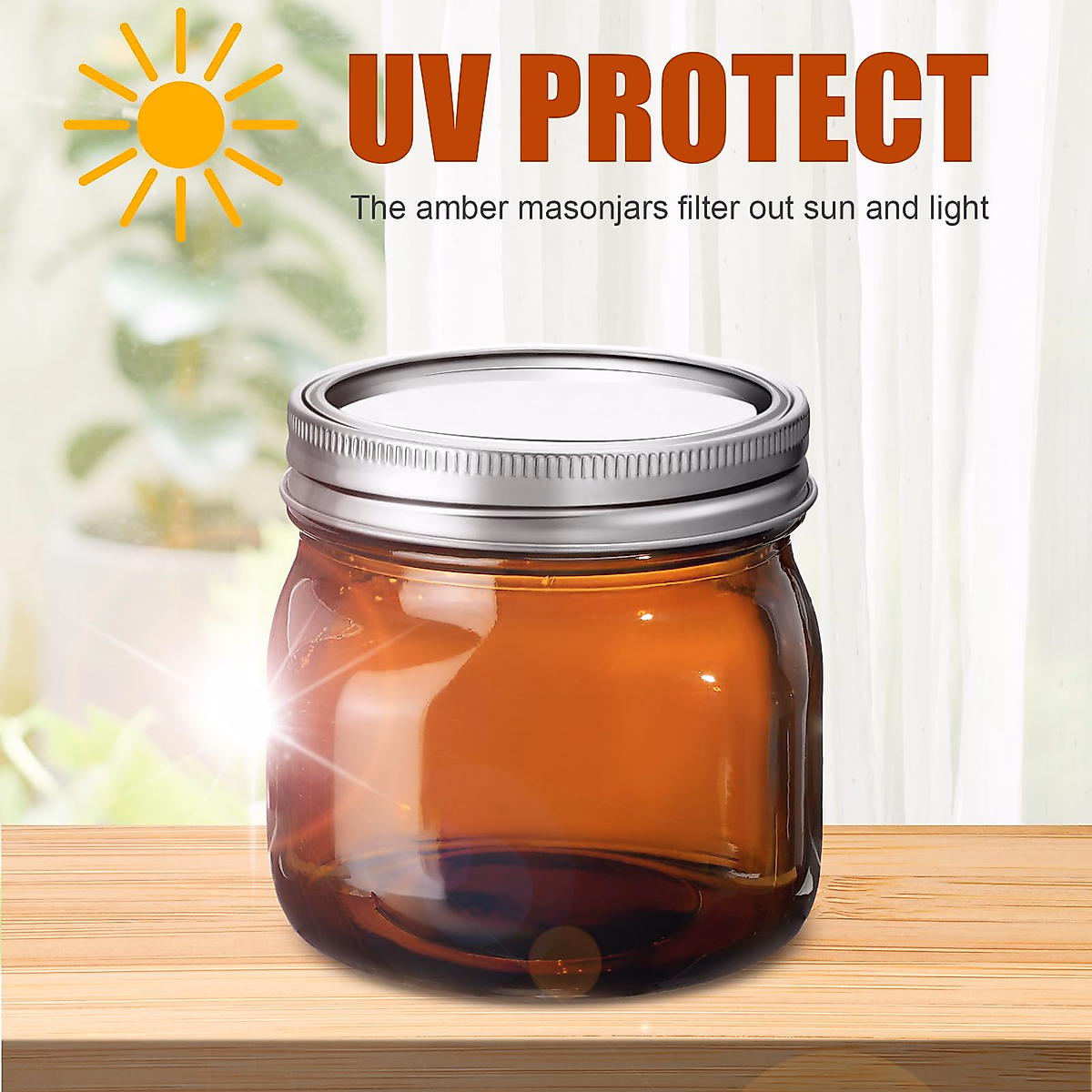 Bokon 8 Pieces Glass Mason Jars 16 oz Wide Mouth with Airtight Lids Dye Glass Canning Pint Jars Mason Jars Suitable for Pickle Fermenting Preserving Jam Jar(Amber)