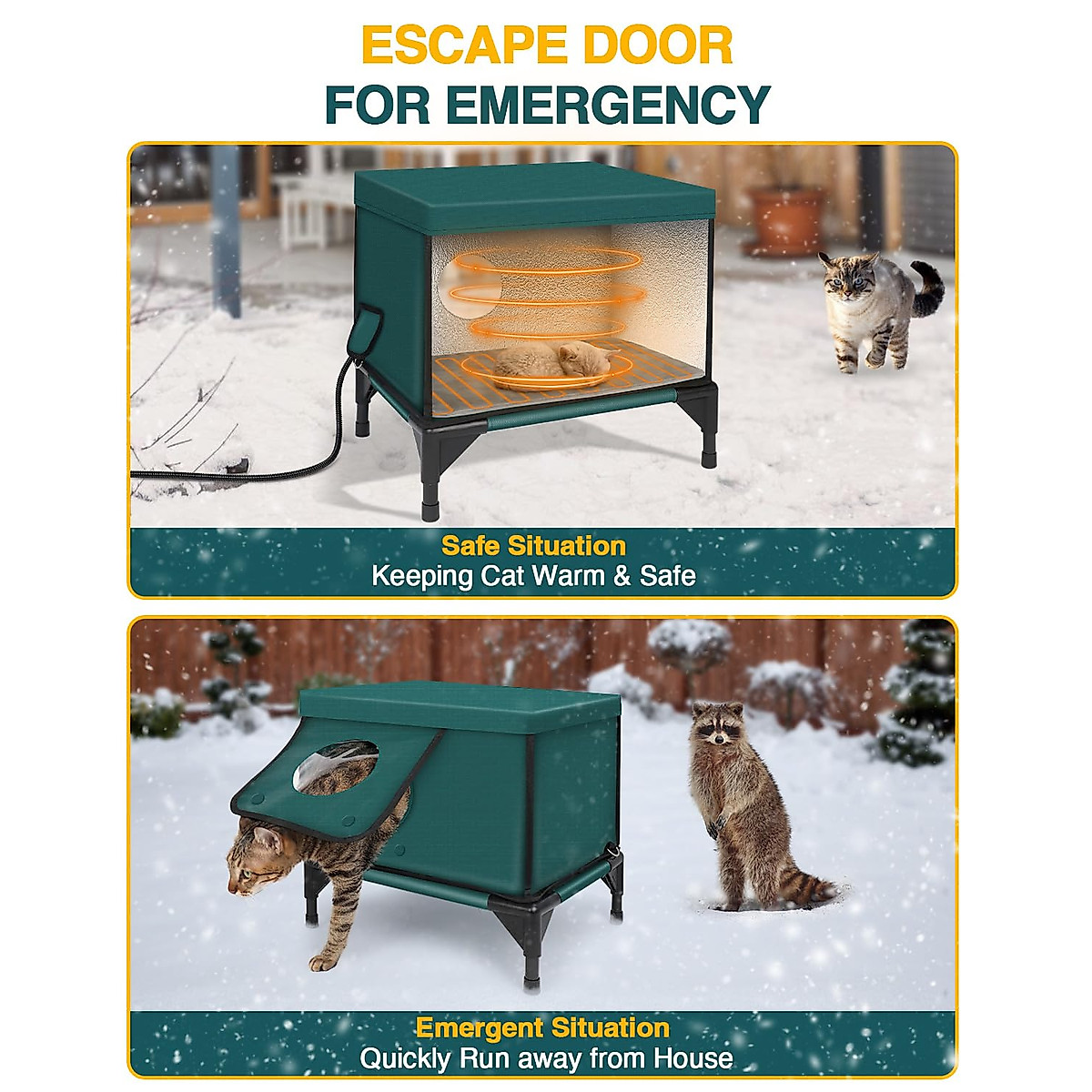 Clawsable Premium Heated Cat House for Outside Winter, 100% Weatherproof, Safe Escape Door, Insulated Outdoor Cat House Shelter with Heater for Feral Barn Cat Kitty (Dark Forest Green, Small)