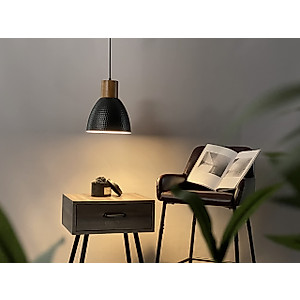 ELYONA Industrial Pendant Light, Hammered Hanging Lamp with Solid Wood & Metal Shade, Modern Pendant Light Fixtures for Kitchen Island, Bar, Farmhouse Dining Room, Bedroom, Living Room - Black