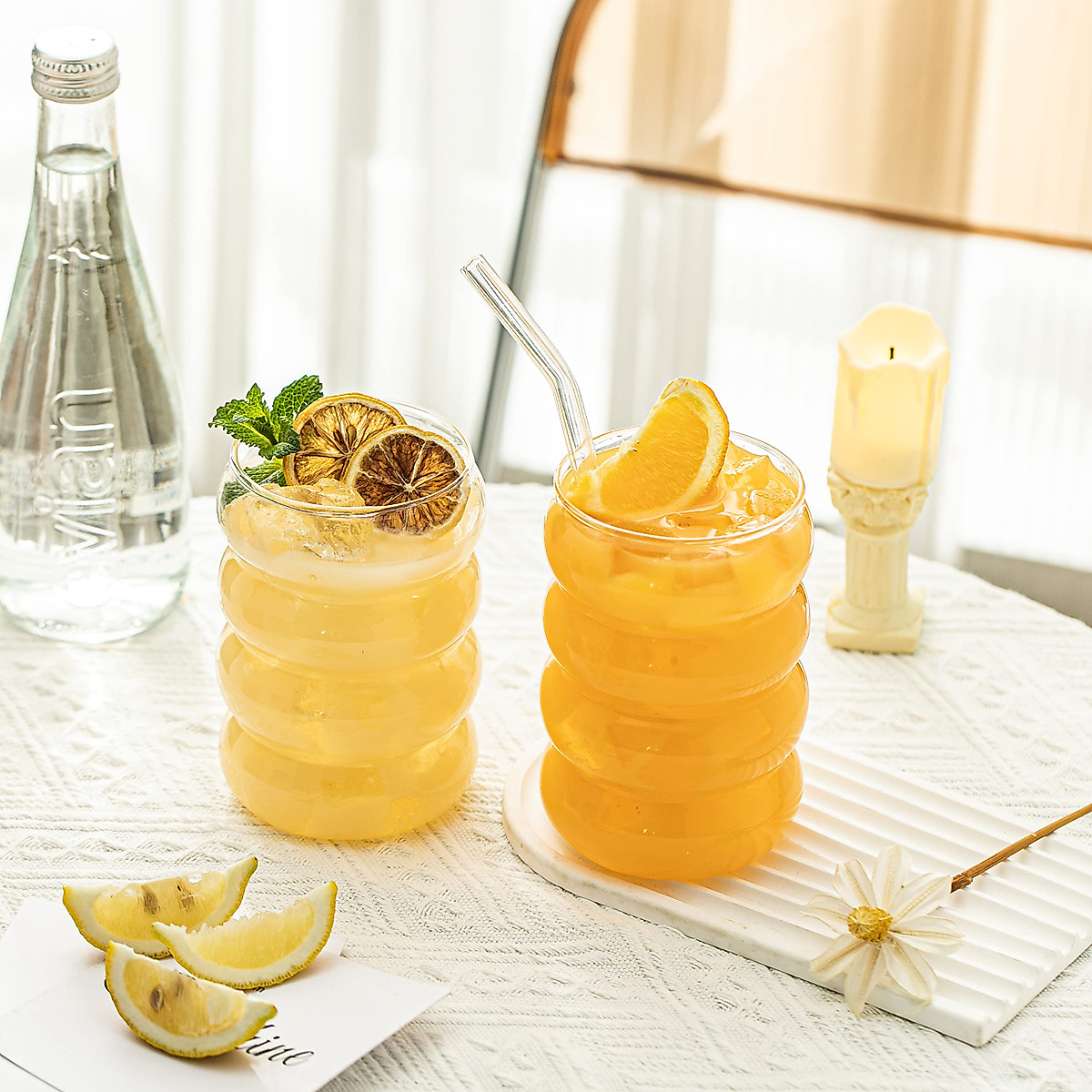 KEMORELA 18oz Wave Shape Beverage Glasses With Straws,Vintage Glass Cups Wine Mugs Of 4 Set, Ripple Drinking Glasses,for Juice Beer Wine Champagne Cocktail Home Kitchen Bar Mixed Drinks (4PCS-Clear)