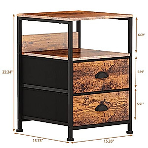 Furologee Tall 6-Tier Bookshelves, Rustic Bookcase with 2 Drawers, Nightstand with 2 Drawers, End Table with Storage Shelf for Bedroom, Living Room, Rustic Brown