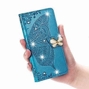 ONV Wallet Case Compatible with Samsung Galaxy S9 Plus -1.5M Adjustable Strap Emboss Butterfly Flip Phone Case Card Slot Magnet Leather Shell Flip Stand Cover for Samsung Galaxy S9 Plus [ZS] -Blue