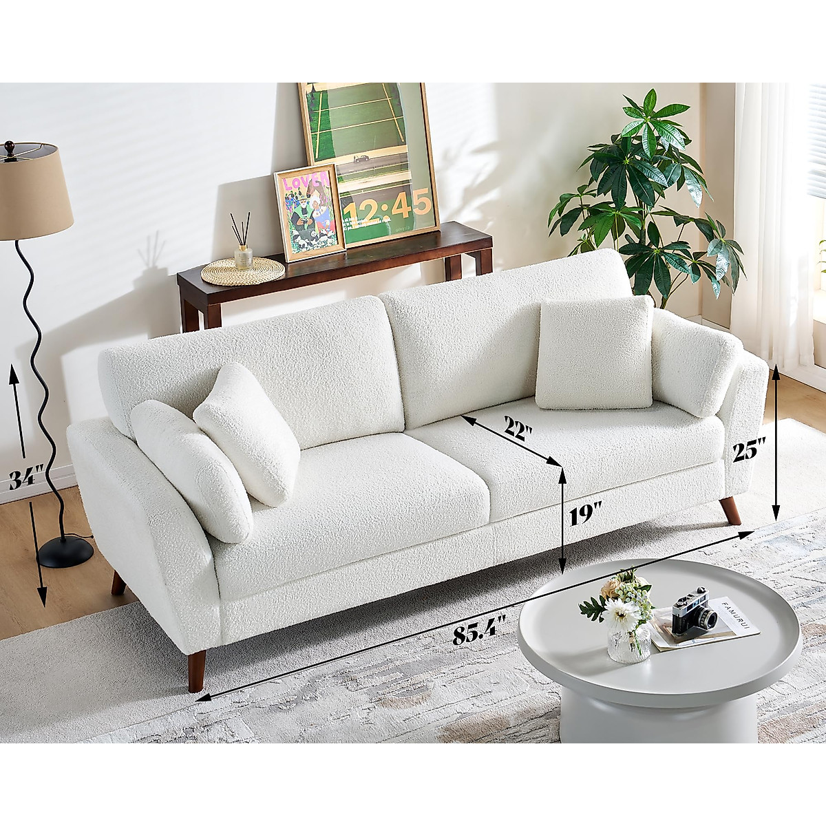 AMERLIFE Modern Sofa, 86 inch White Couch with 4 Throw Pillows, 3-Seater Sofa Couch for Living Room, Offwhite Boucle Upholstered Sofa