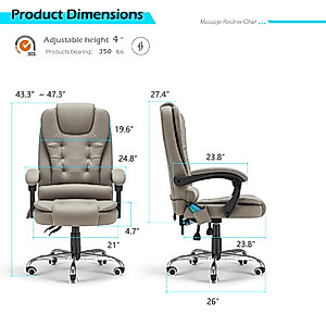 YODOLLA Executive Office Chair with 7 Points Massage&Heat Function, High Back Office Chair Reclining Swivel Home Office Chair, Grey Leather