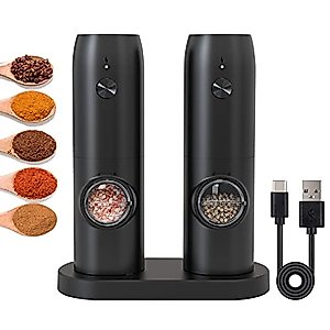 Rechargeable Electric Salt and Pepper Grinder Set, Adjustable Coarseness Automatic Salt or Pepper Mill Shakers, With Charging Base, USB Type-C Cable, LED Lights, One Hand Tact Switch Operation