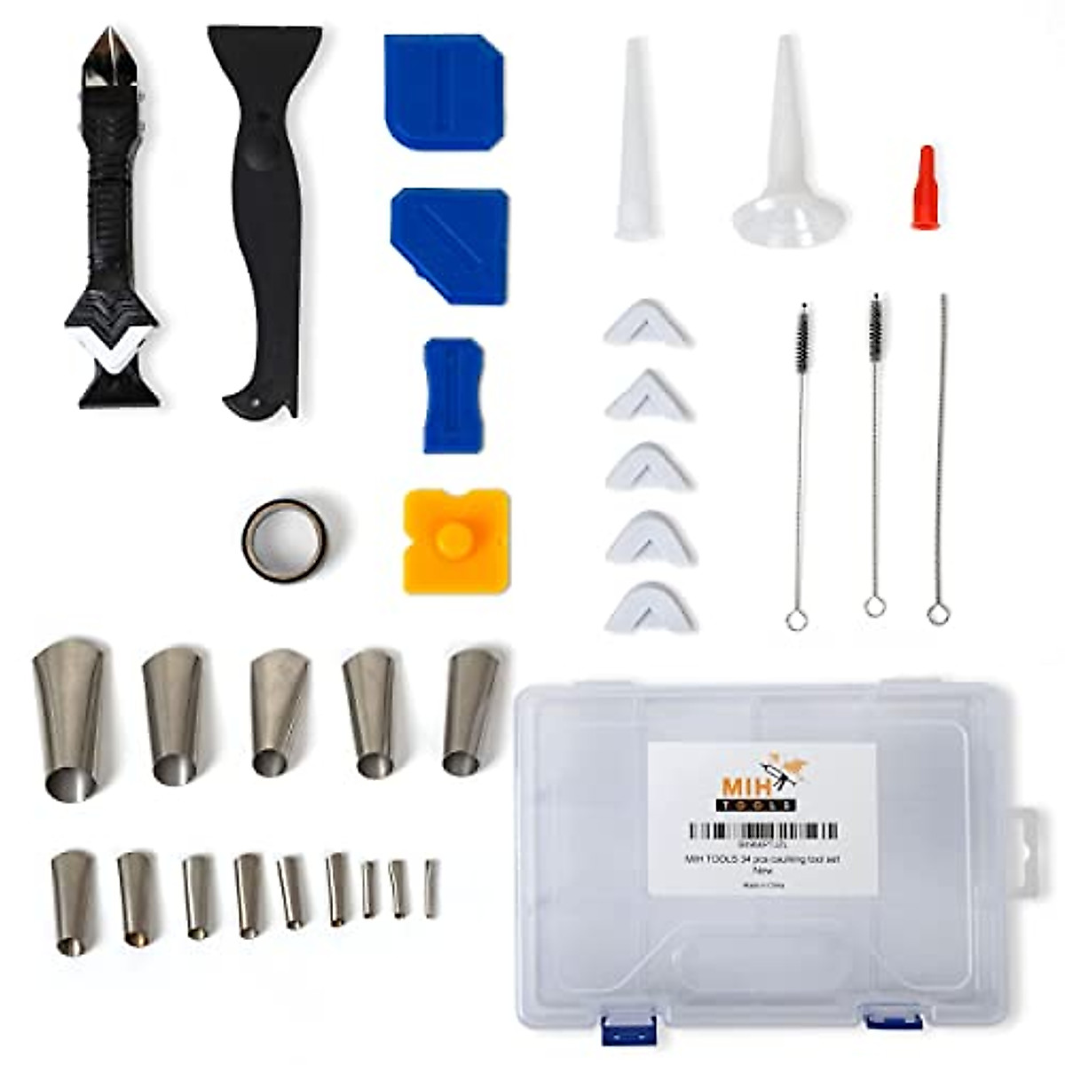 MIH TOOLS Caulking Tool Kit-[34 Pcs] 3 in 1 Silicone Caulking Tools, Grout & Caulk Remover Scraper, Sealant Finishing, Stainless Steelhead, Glass Glue Angle Scraper for Kitchen, Bathroom Floor, Window