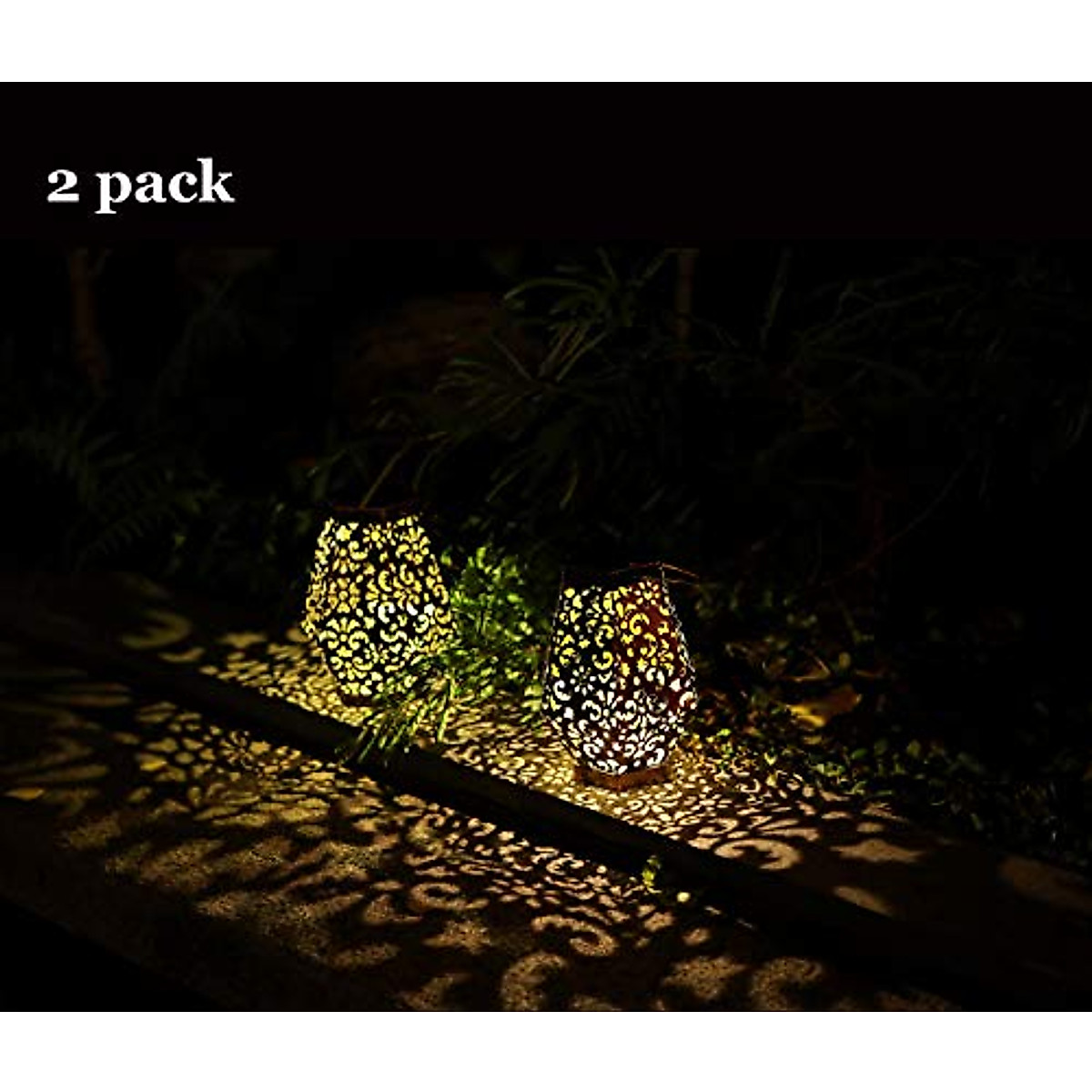 WSgift 2 Pack Hanging Solar Lantern Metal LED Table Lamp Outdoor Solar Hollow-Out Lights with Handle, 6 lumens, 5.5 x 5.5 x 7.5 Inch, Antique Bronze