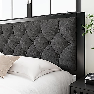 Einhomn Queen Bed Frame, Metal Platform Bed Frame with Button Tufted Linen Upholstered Headboard, Sturdy Steel Slats, 12" Underbed Storage, No Box Spring Needed, Grey