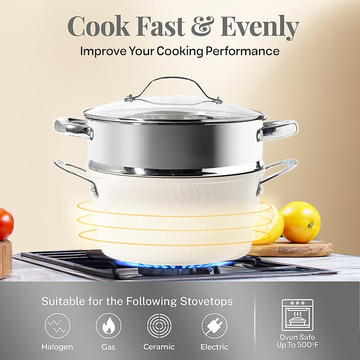 GOTHAM STEEL Hammered 15 Pc Ceramic Pots and Pans Set Non Stick, Kitchen Cookware Sets, Pot and Pan Set, Ceramic Cookware Set Non Toxic, Non Stick Pots and Pan Set Dishwasher Safe, Cream White