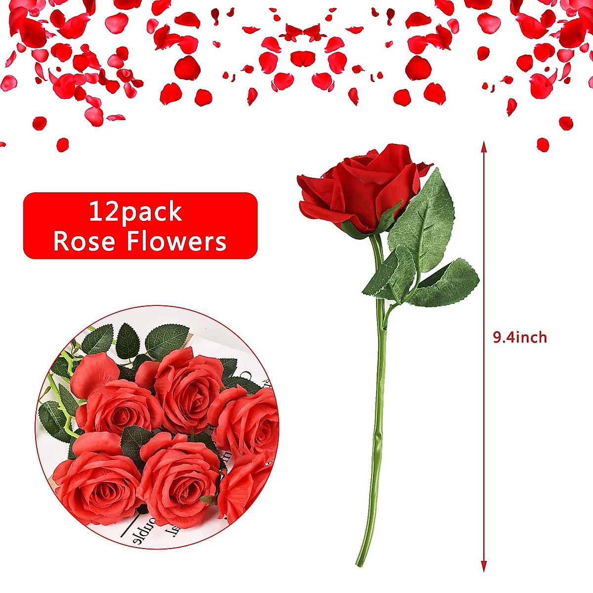 Artificial Silk Rose Flower,12 Pcs Real Looking Fake Roses with Stems, for Wedding Bouquets DIY Home Party Decoration Garden Background Decor (Red)