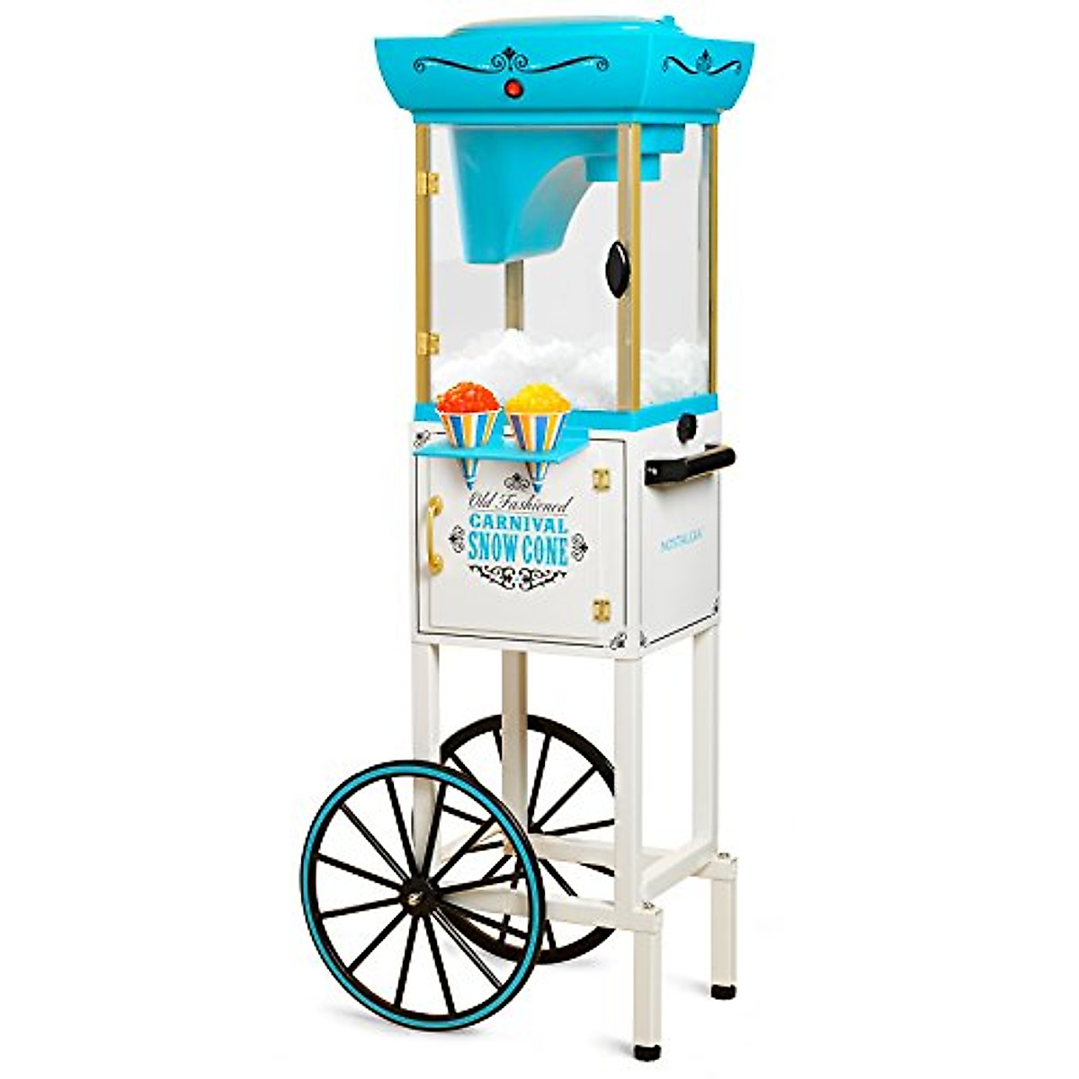 Nostalgia Snow Cone Shaved Ice Machine - Retro Cart Slushie Machine Makes 48 Icy Treats - Includes Metal Scoop, Storage Compartment, Wheels for Easy Mobility - White, Blue