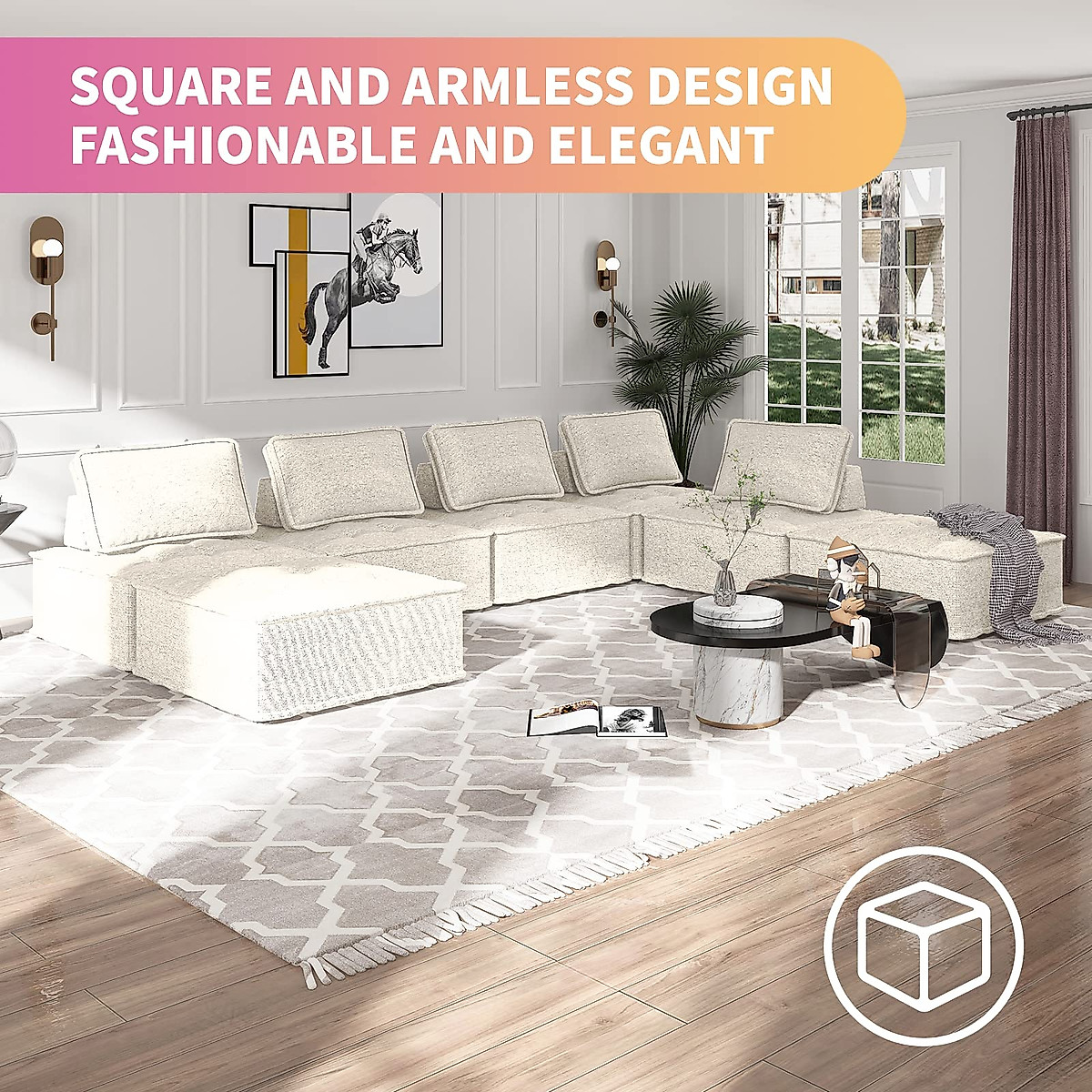 Mixoy Convertible U/L Modular Sectional Sofa, Variable 7-Seater Sofa Couch with Soft Oversized Seat, Free Combination Armless Sectional Sofa for Living Room, Bedroom (Beige, 7PCS)