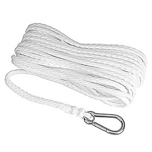 MARINE SYSTEM Made PP Hollow Braid Anchor Line Polypropylene 1/4 inch 50FT 100FT with Stainless Steel Spring Hook, White (1/4" x 50')