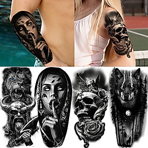 VANTATY 22 Sheets Sexy 3D Temporary Tattoos For Women Men Arm Forearm, Waterproof Fake Tattoo Stickers For Adults Realistic Tiger Lion, Halloween Skeleton Rose Flower Tatoos Warrior Anchor Compass