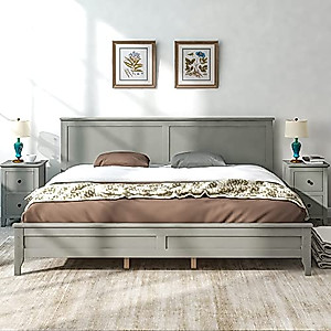 P PURLOVE King Size Platform Bed with Extra Support Leg,Modern Wood Platform Bed Frame with Headboard ,No Box Spring Need,Gray Bed Frame